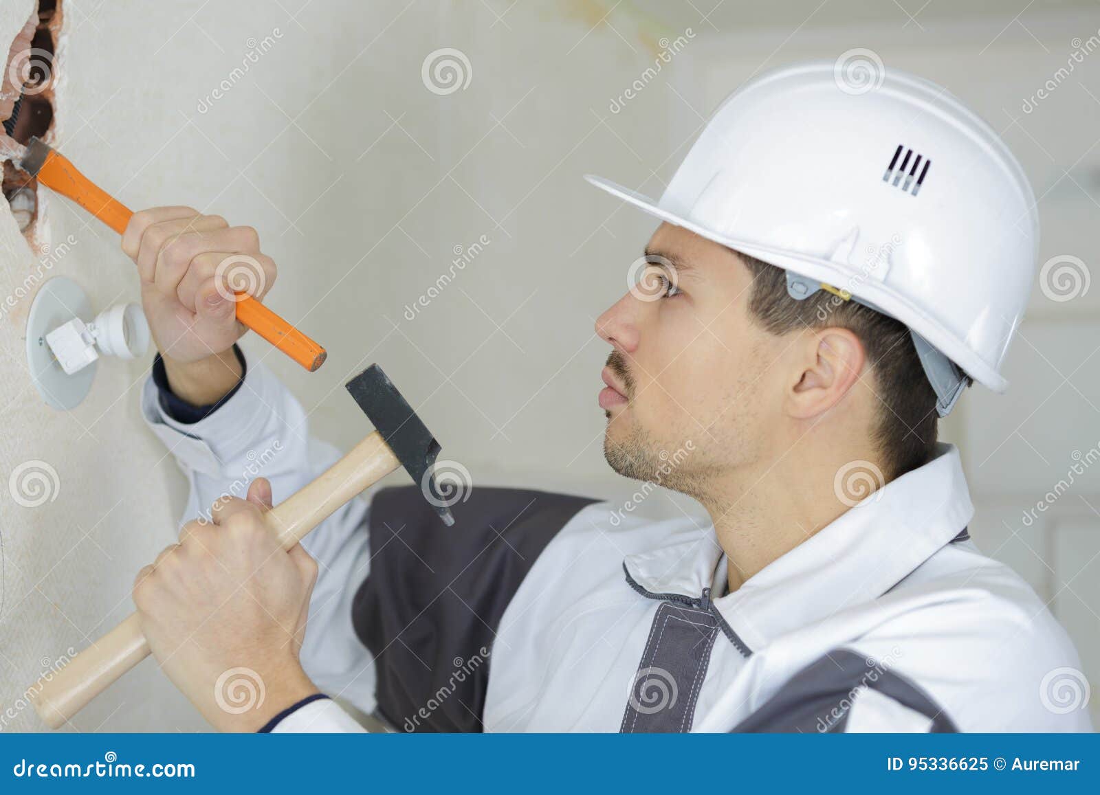 Male Builder with Chisel Worker in Breaking Plaster Stock Image - Image ...
