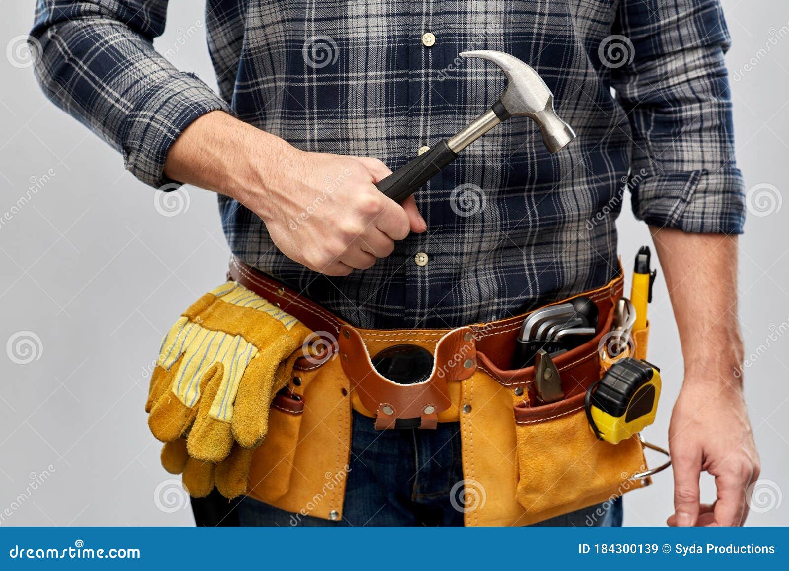 Male Builder with Hammer and Working Tools on Belt Stock Image - Image ...
