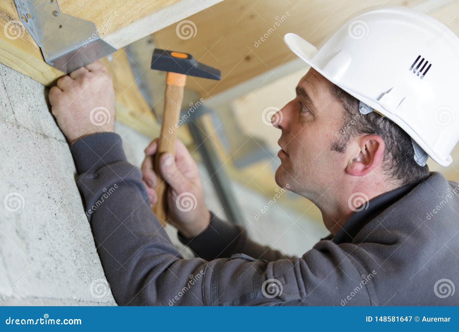 Male Builder Hammers Nail with Hammer Stock Image - Image of timber ...