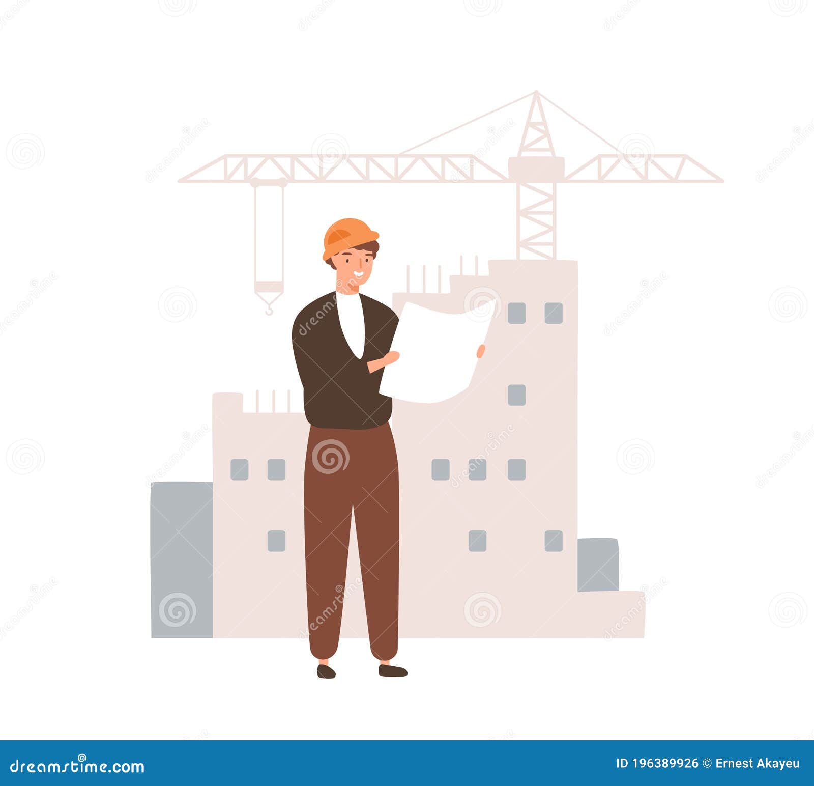 Male Builder Looking at Plan of Constructing Vector Flat Illustration ...