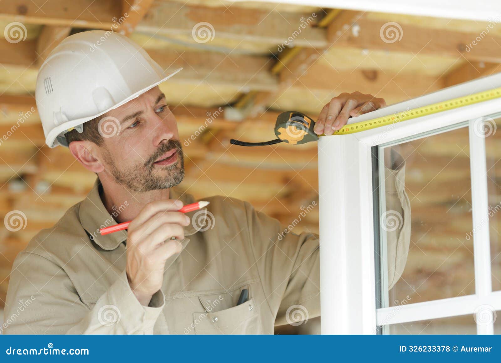 Male Builder Measuring Frame Stock Photo - Image of accurate, precision ...