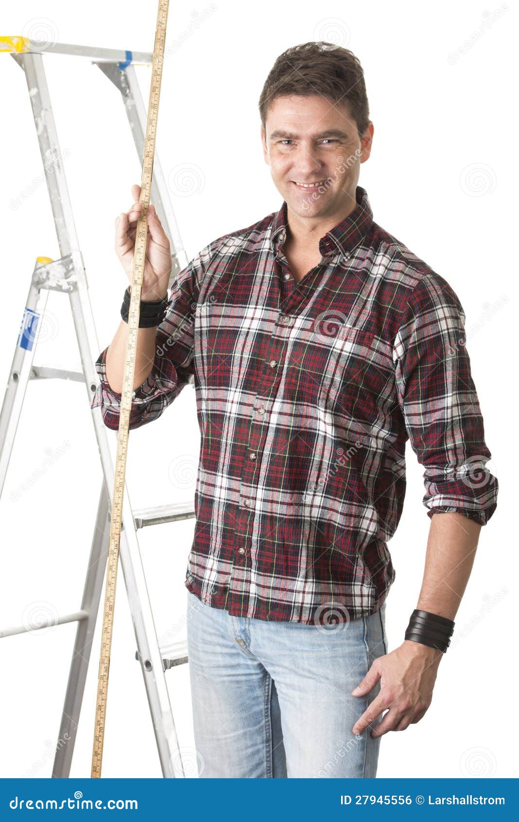 Male Builder Measuring with Wooden Rule Stock Photo - Image of ...