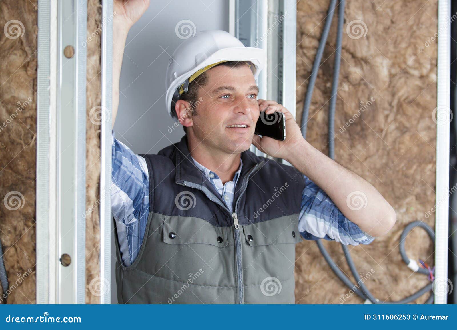 Male Builder on Phone Talking To Client Stock Image - Image of estate ...
