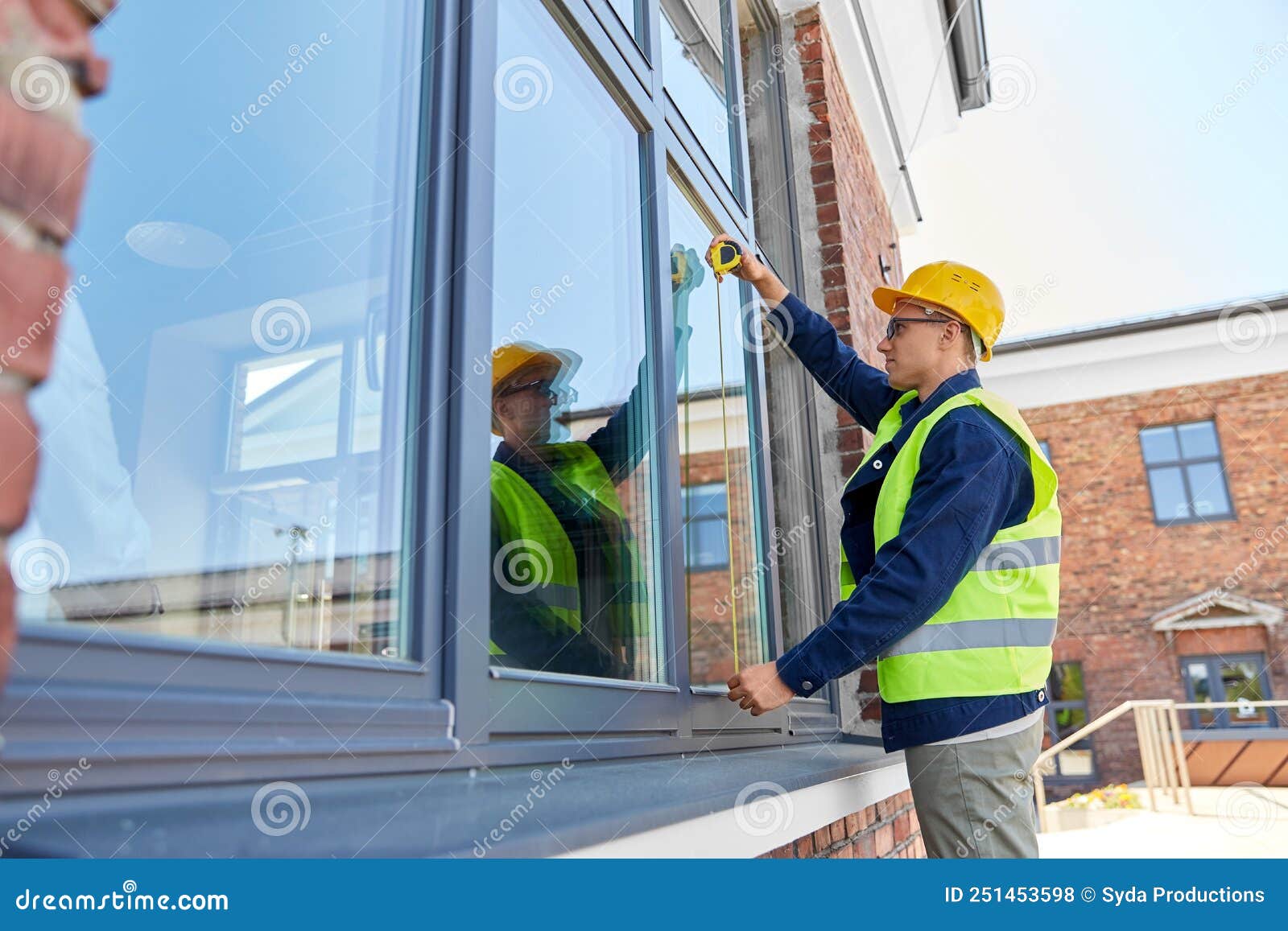Male Builder with Ruler Measuring Window Stock Photo - Image of foreman ...