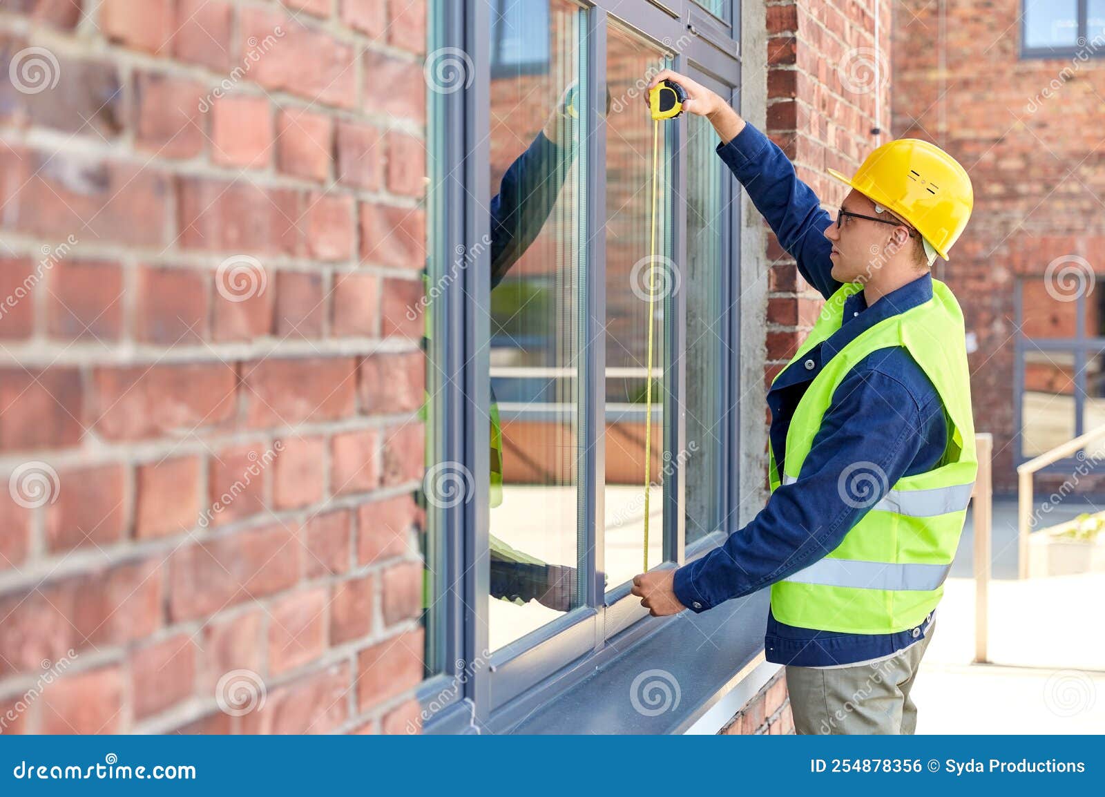 Male Builder with Ruler Measuring Window Stock Photo - Image of people ...