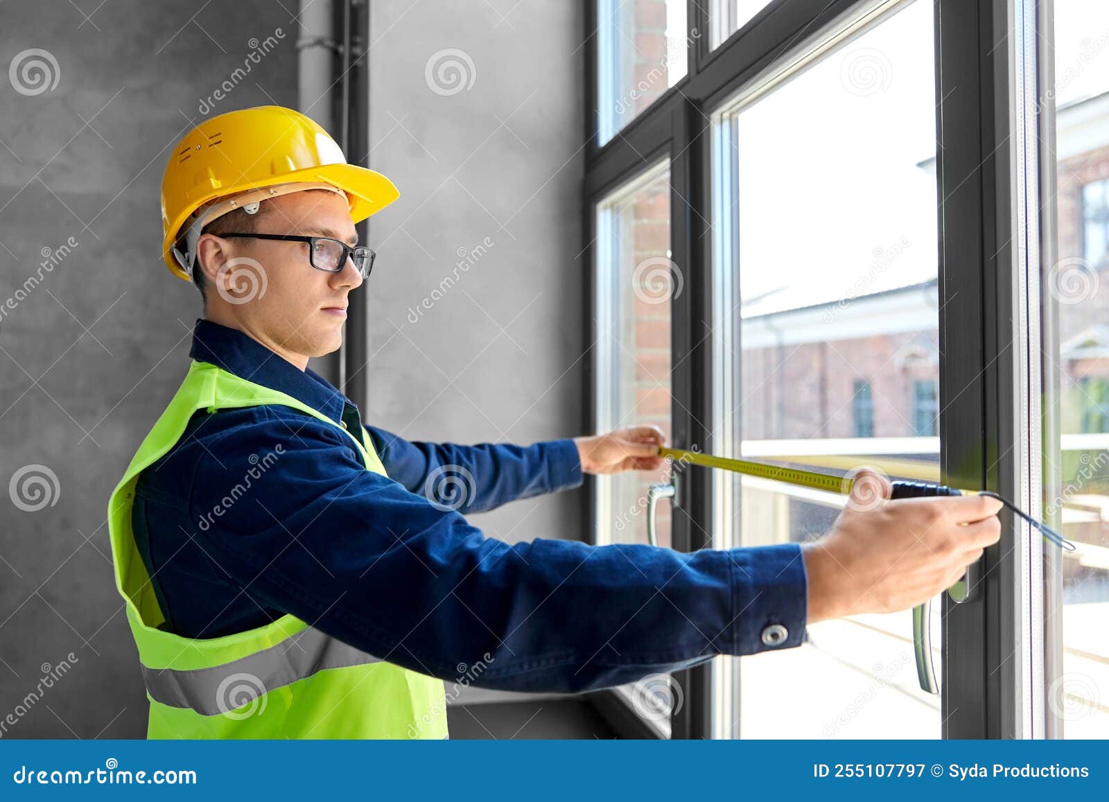 Male Builder with Ruler Measuring Window Stock Image - Image of frame ...