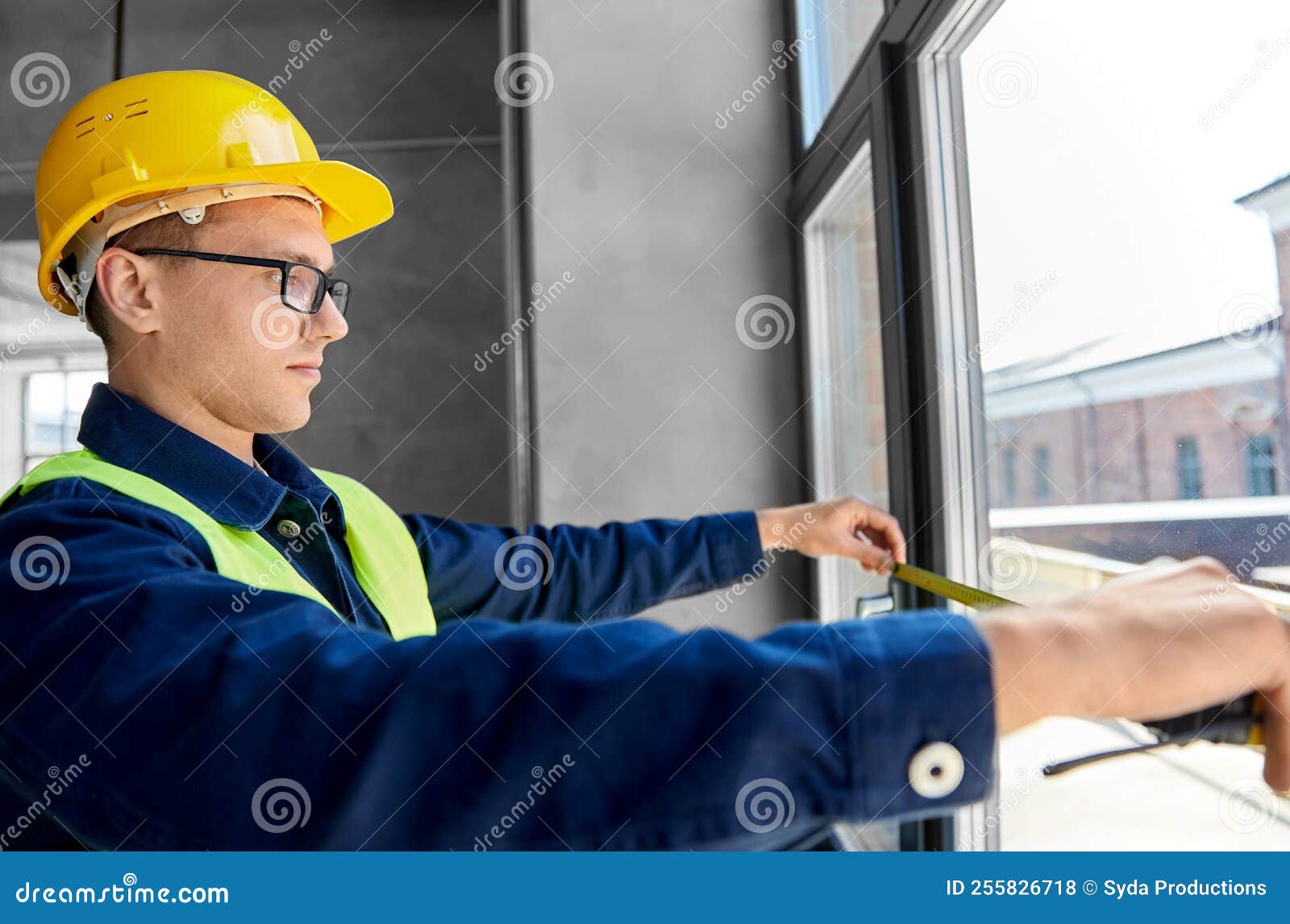Male Builder with Ruler Measuring Window Stock Photo - Image of ...