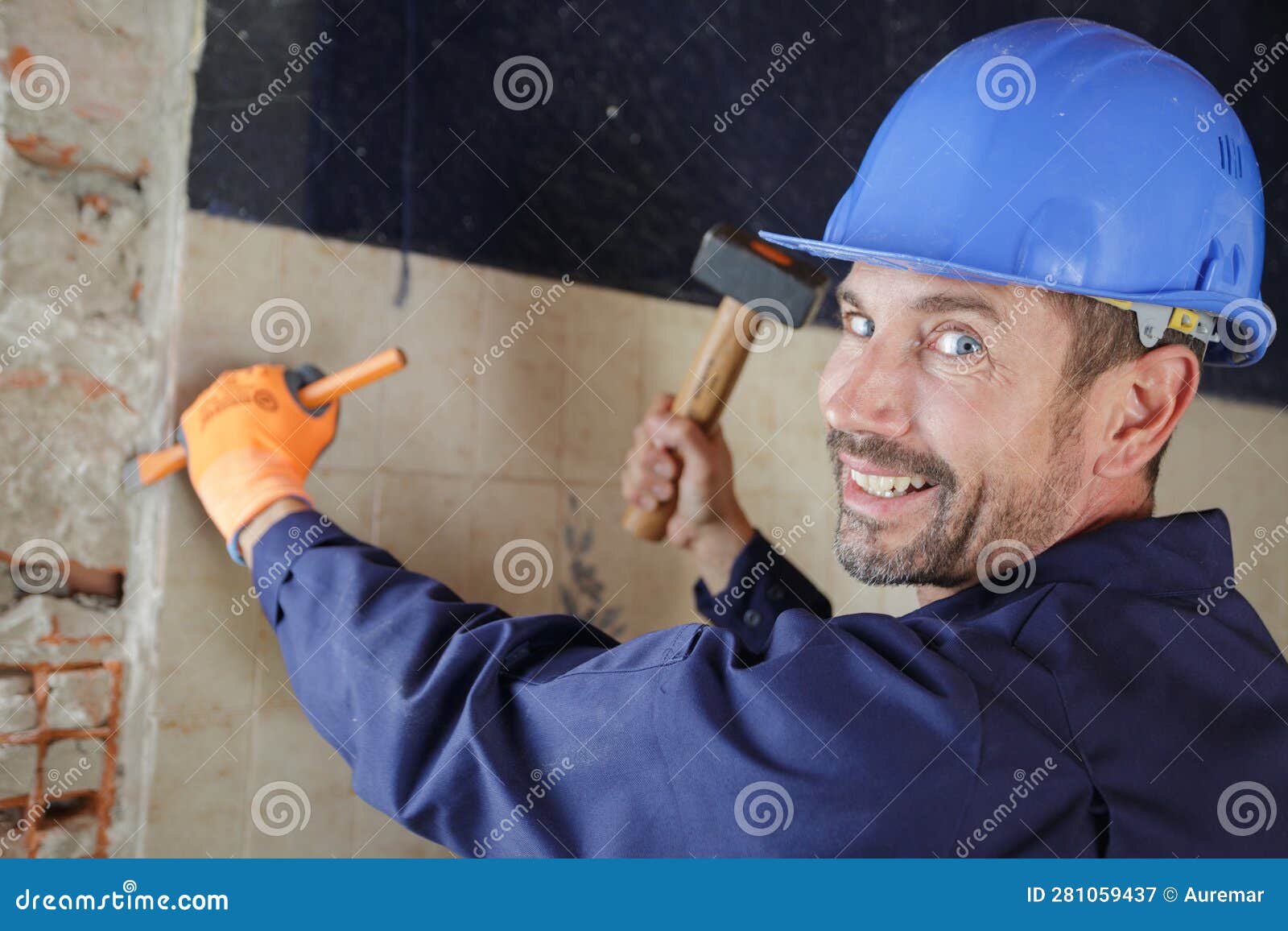 Male Builder Work with Hammer and Chisel Stock Image - Image of carver ...
