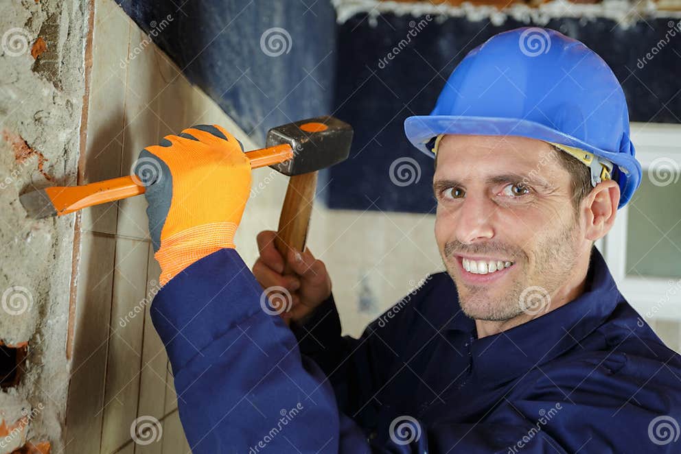 Male Builder Working with Hammer and Chisel Stock Image - Image of work ...