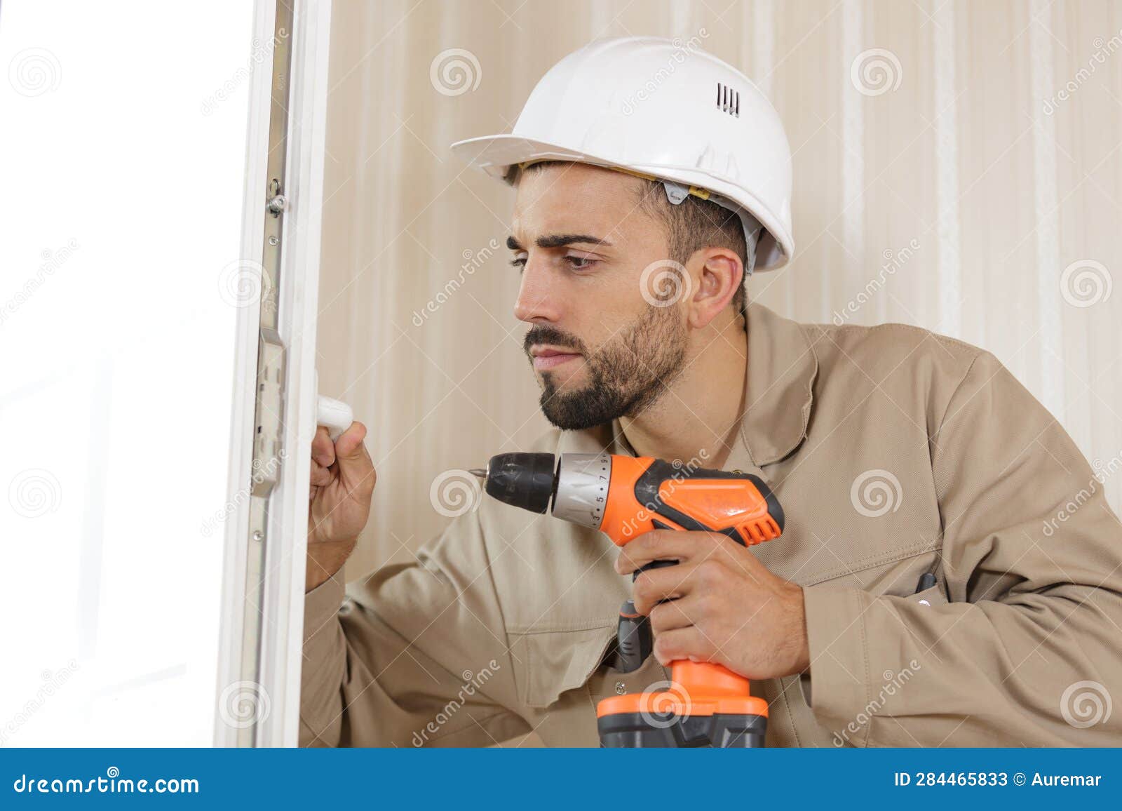 Male Builder Working on Window Frame Stock Image - Image of ...