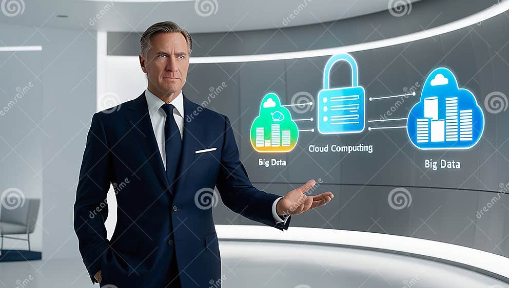 Male Business Executive Interacting with an AI-powered Holographic ...