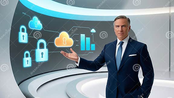 Male Business Executive Interacting with an AI-powered Holographic ...