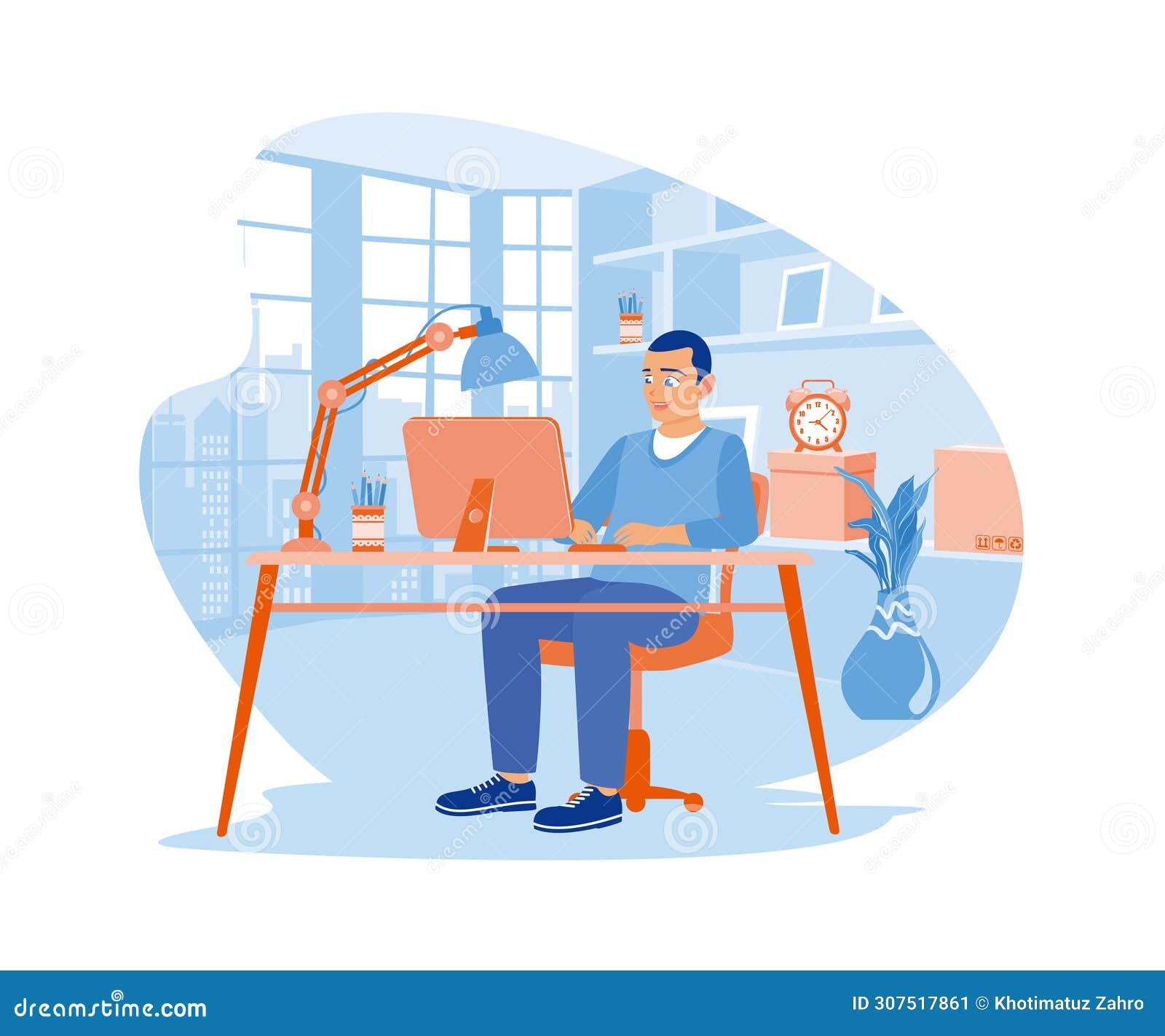 A Male Businessman is Sitting while Working in Front of a Computer ...