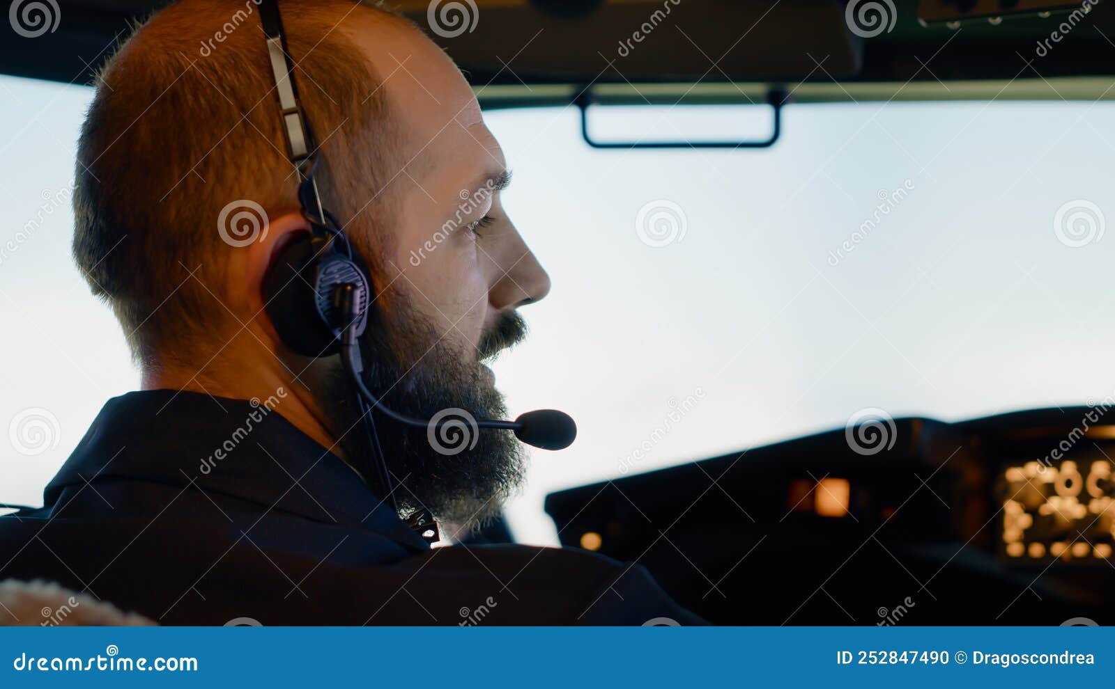 Male Captain Pilot Flying Airplane with Dashboard Command Stock Photo ...