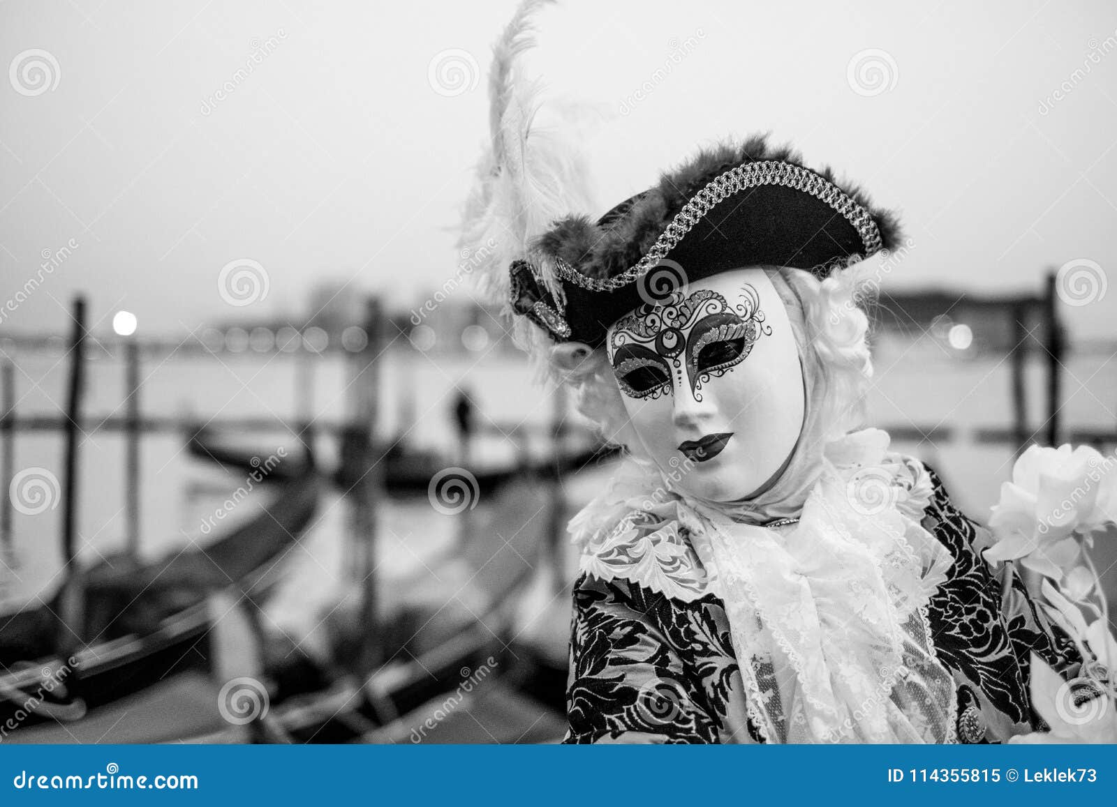 Male Carnival Goer In Traditional Costume And Mask Standing With Back