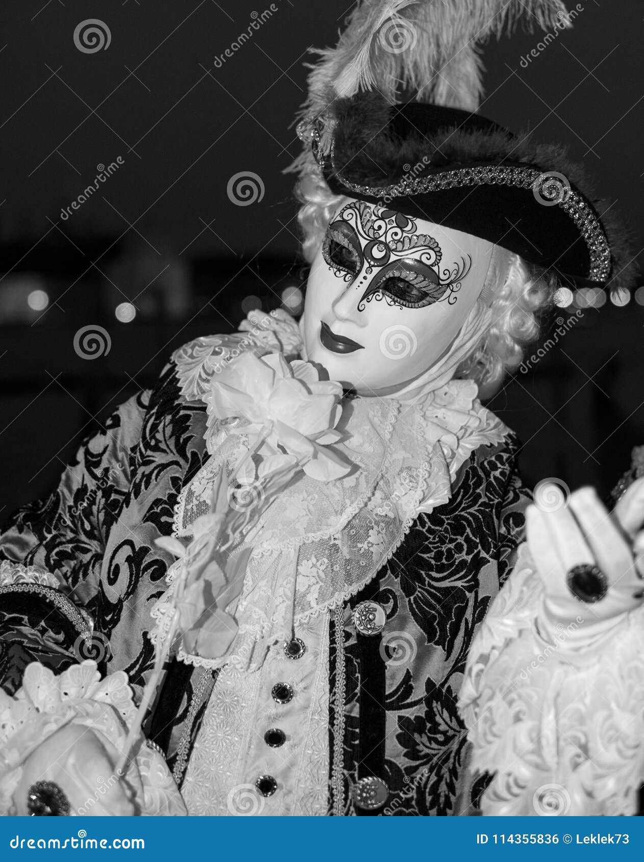 Male Carnival Goer In Traditional Costume And Mask Standing With Back