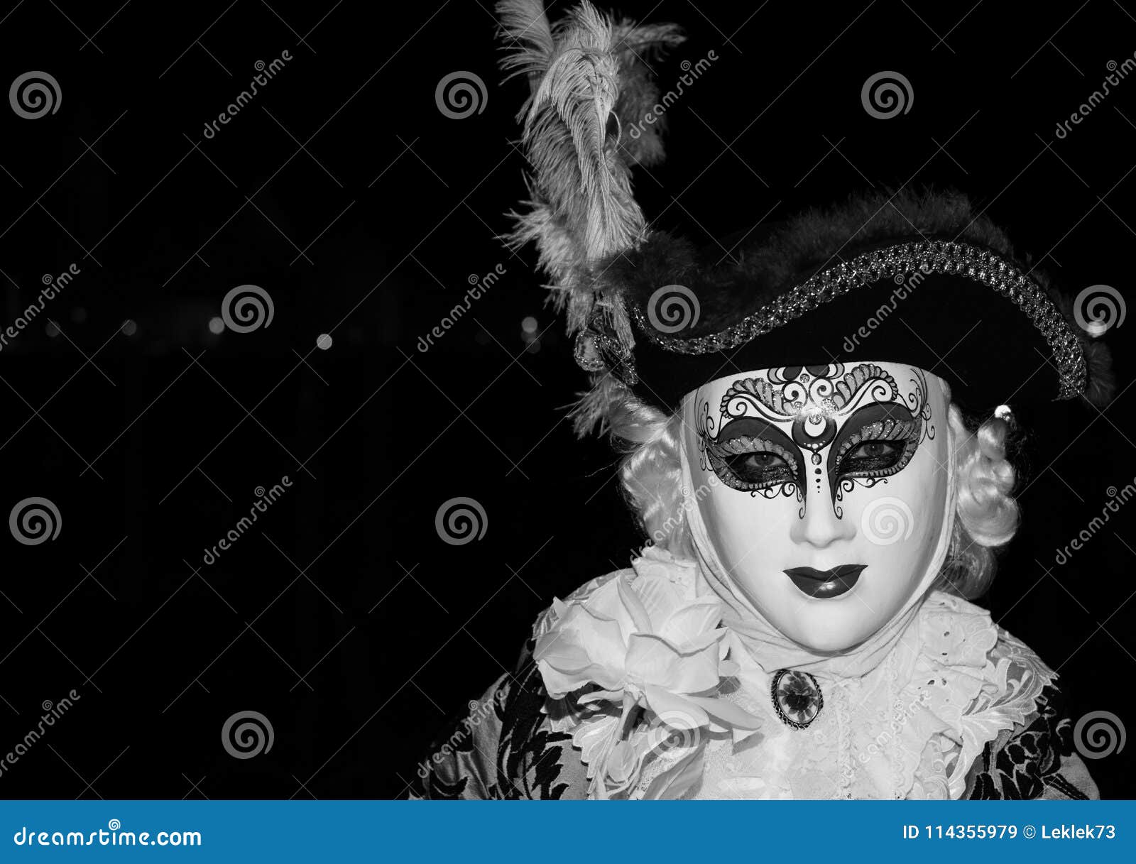 Male Carnival Goer In Traditional Costume And Mask Standing With Back