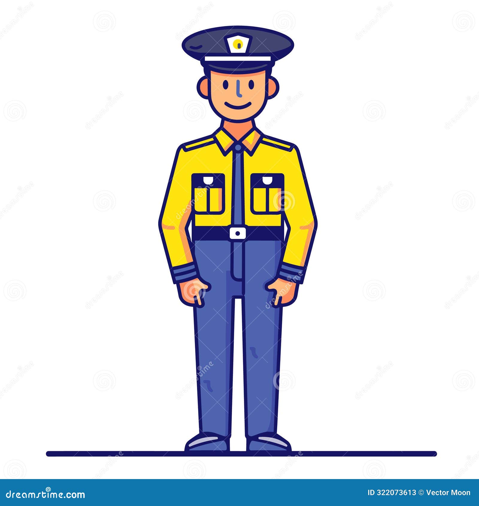 Male Cartoon Police Officer Standing Confidently Smiling Wearing