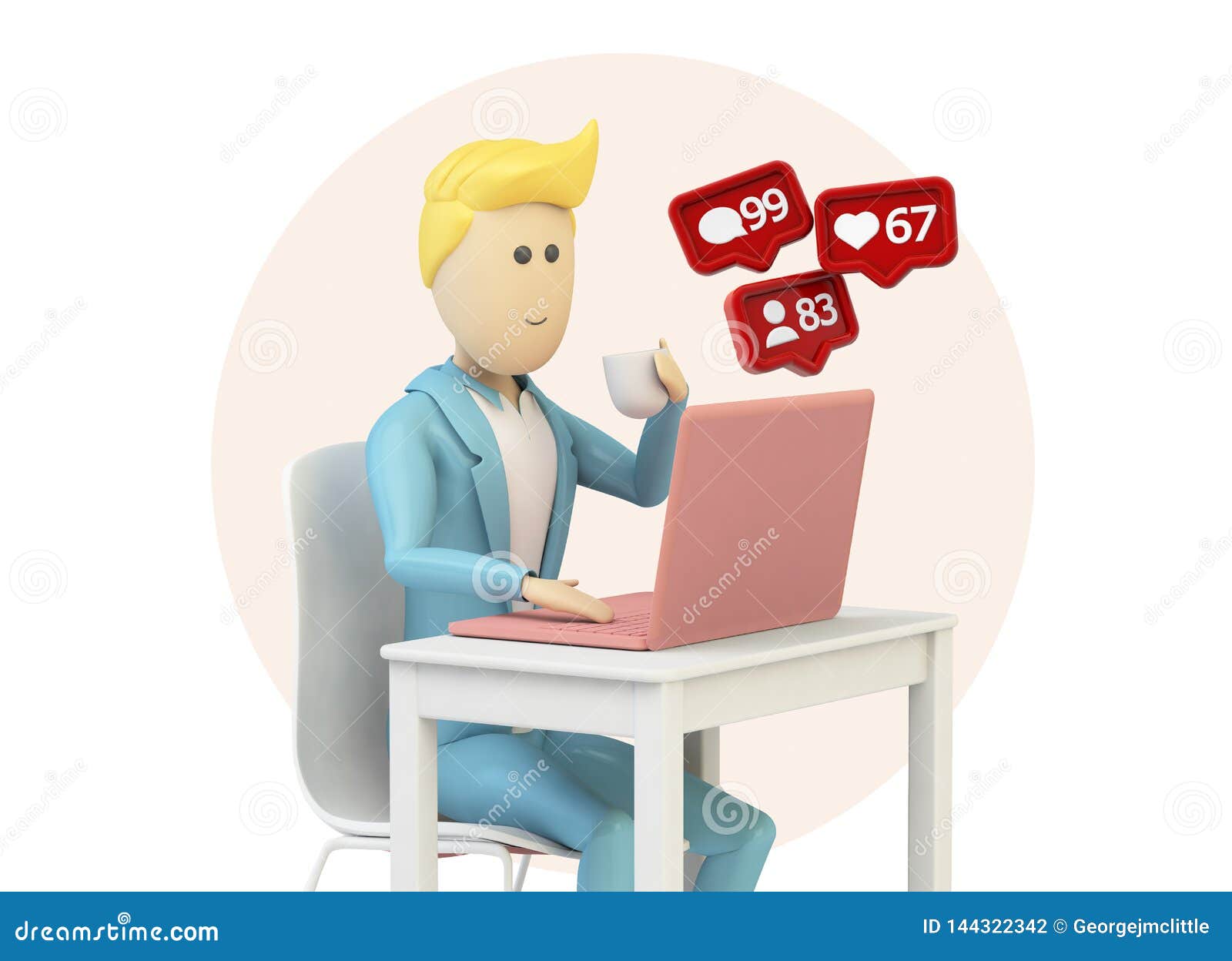 Male Cartoon Using Computer with Social Media Notifications Stock ...