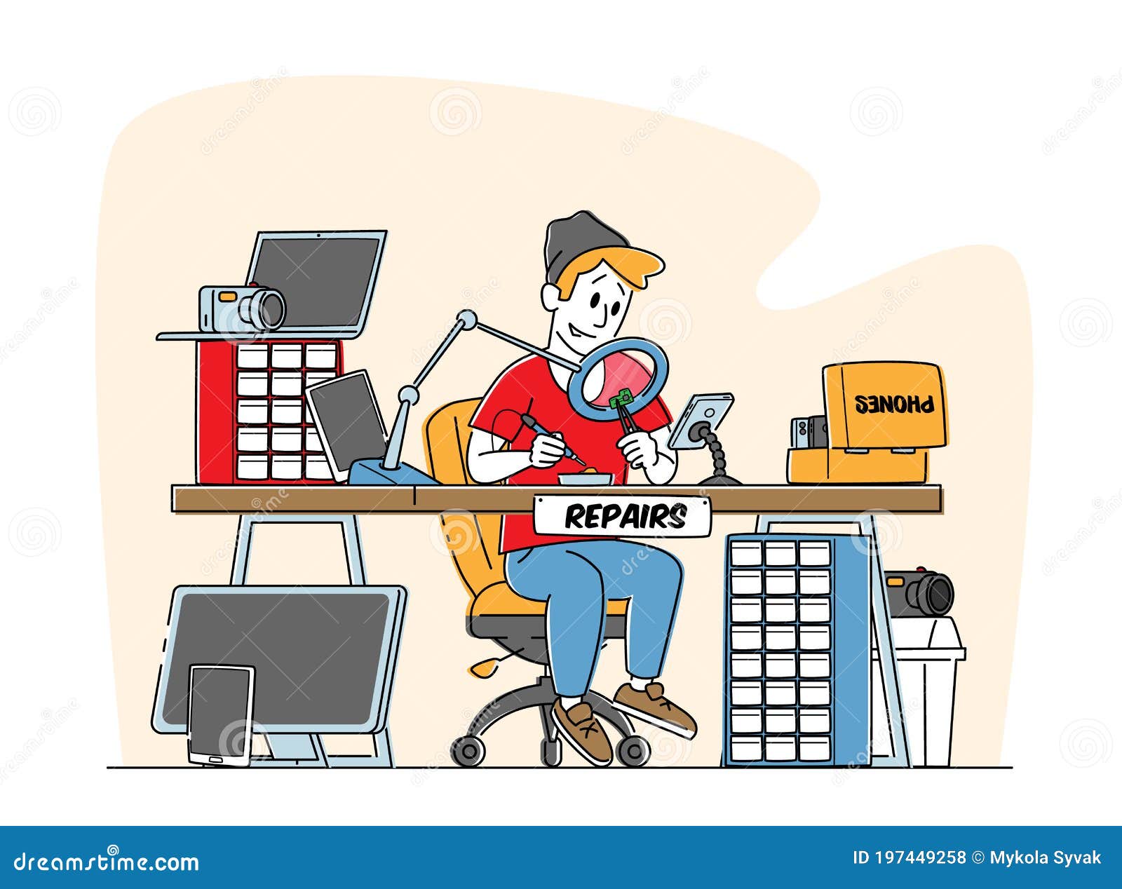 Male Character Assembling or Repair Smartphone and Computer Technics ...