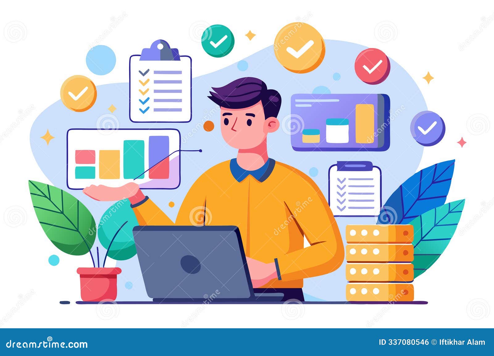 A Male Character is Focused on Organizing Data Using a Laptop while ...