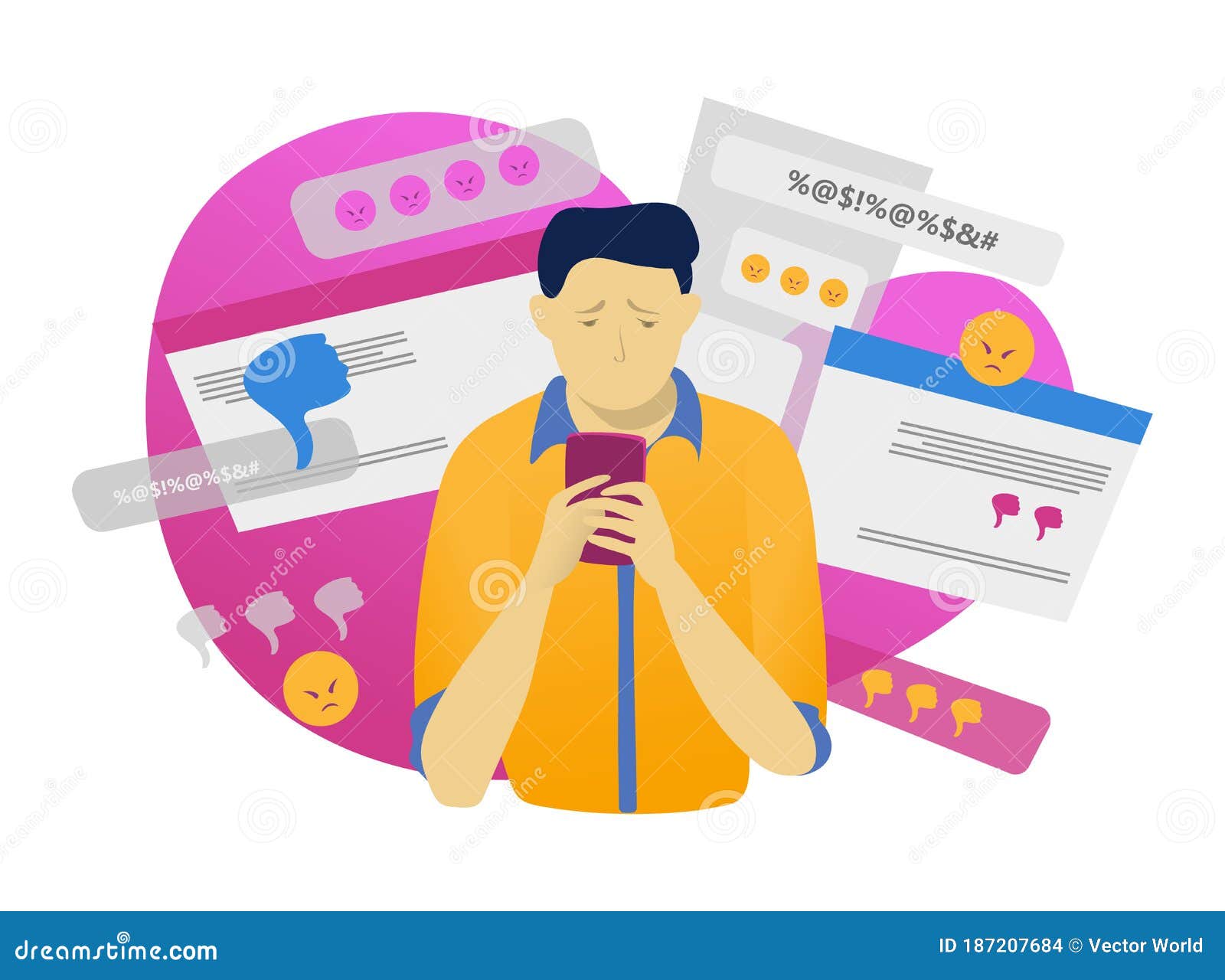 Male Character Hold Mobile Phone Online Cyber Bullying Isolated On