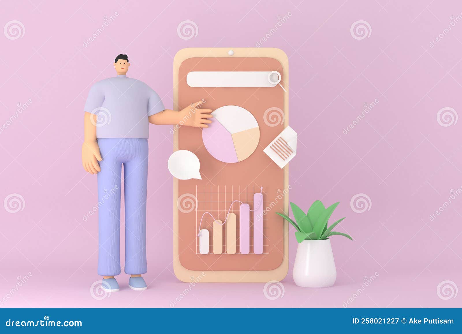 A Male Character Presentation the Infographic on Mobile Screen. 3d ...