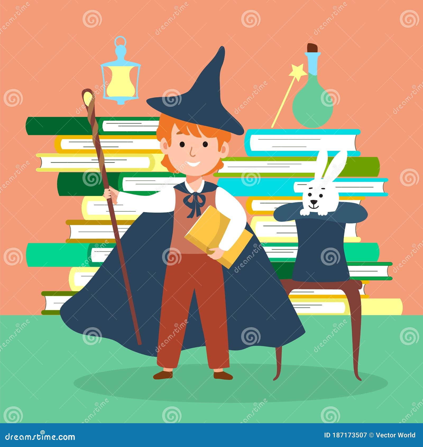 Male Character Wizard Kid School Magic Time Flat Vector Illustration ...