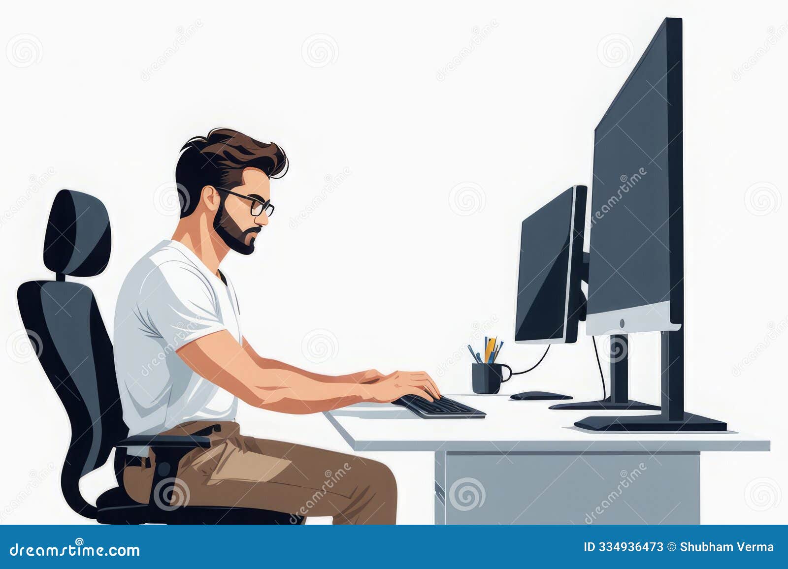 Male Character Working in a Computer Male Character Working in a ...