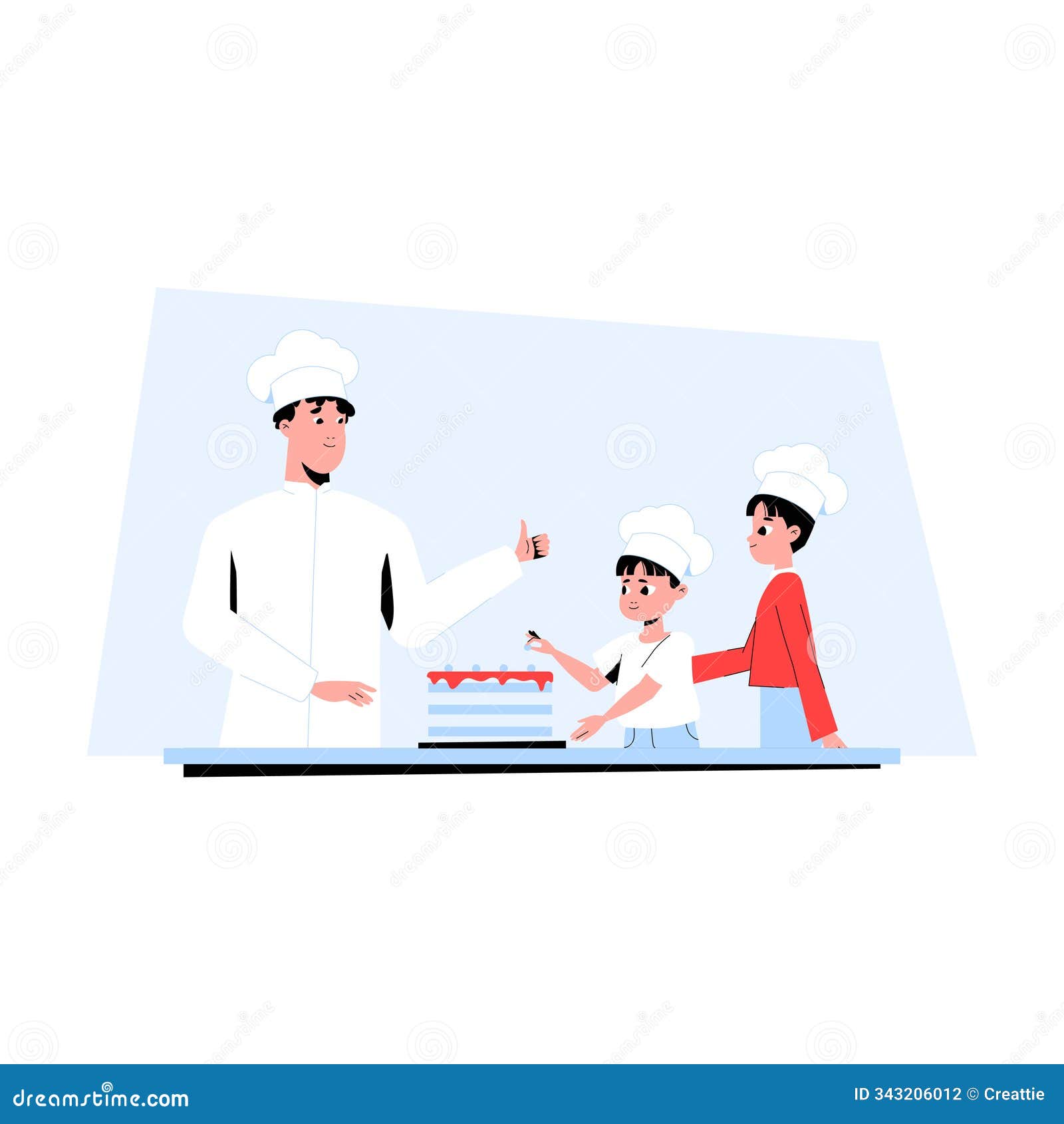 Male Chef Teaching Two Kids To Decorate a Cake in Flat Vector ...