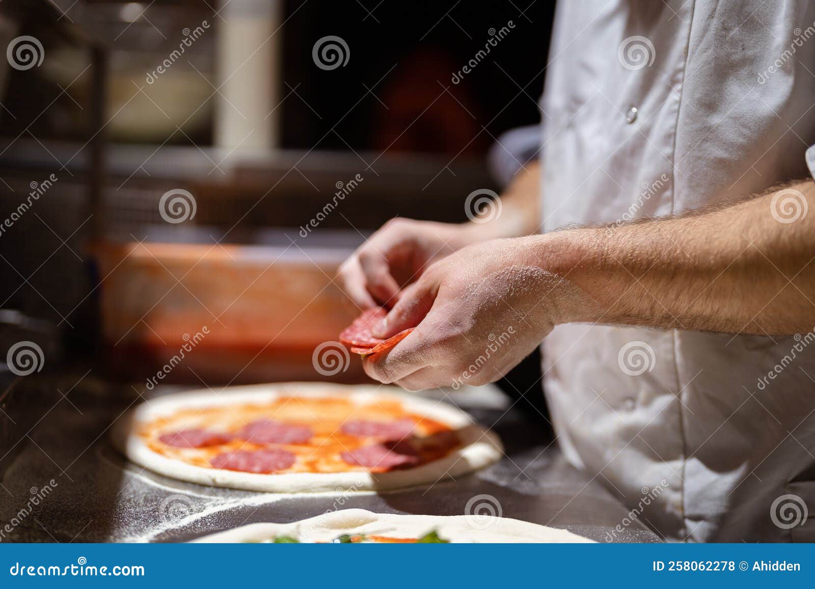Male Chef Hands Making Pizza in the Pizzeria Kitchen Stock Photo ...