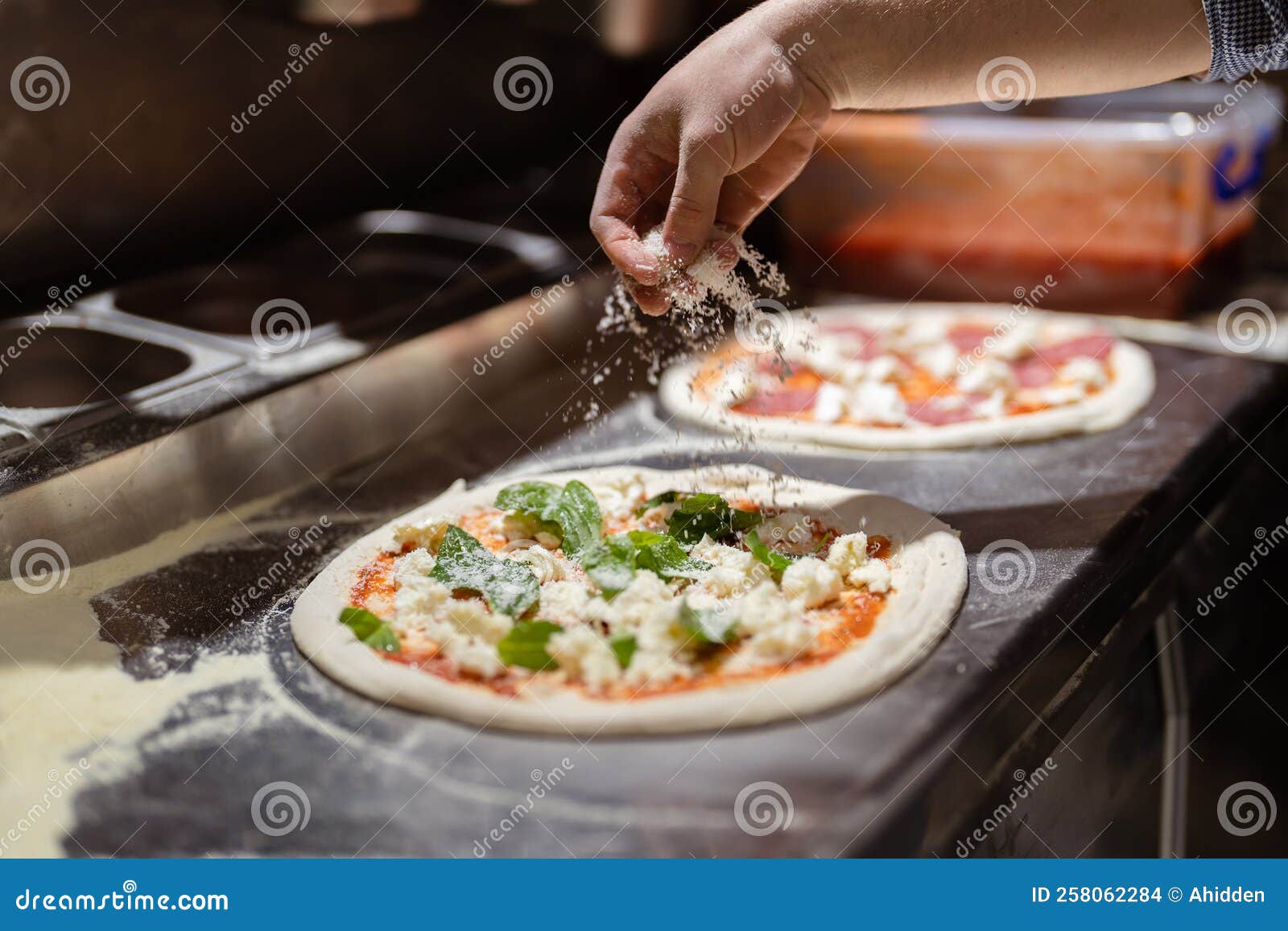 Male Chef Hands Making Pizza in the Pizzeria Kitchen Stock Photo ...