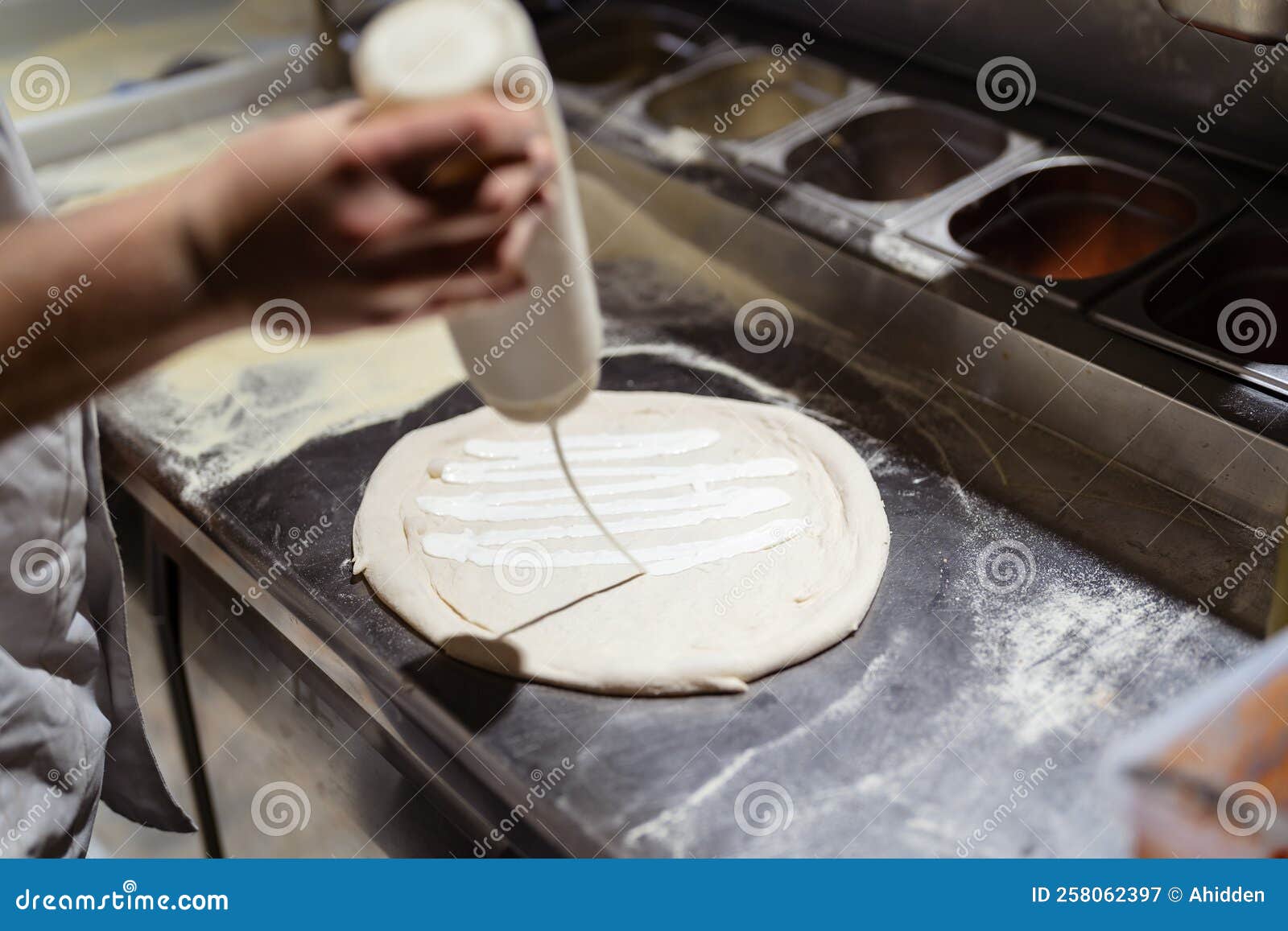 Male Chef Hands Making Pizza in the Pizzeria Kitchen Stock Image ...