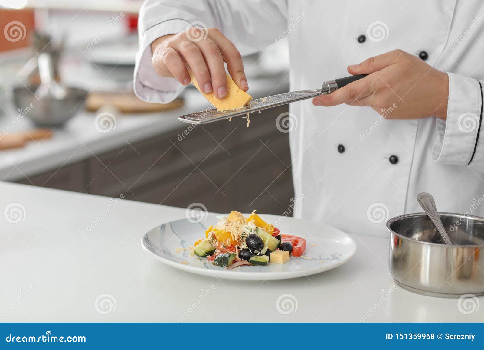 Male Chef Making Tasty Salad in Kitchen, Closeup Stock Photo - Image of ...