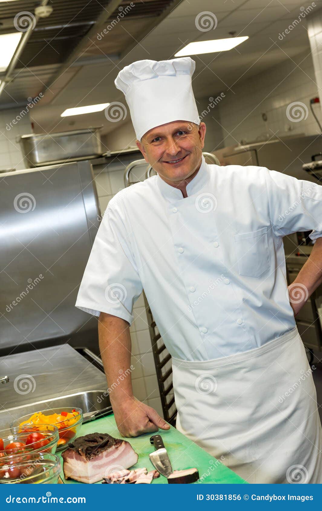 Male Chef Posing in Commercial Kitchen Stock Photo - Image of kitchen ...