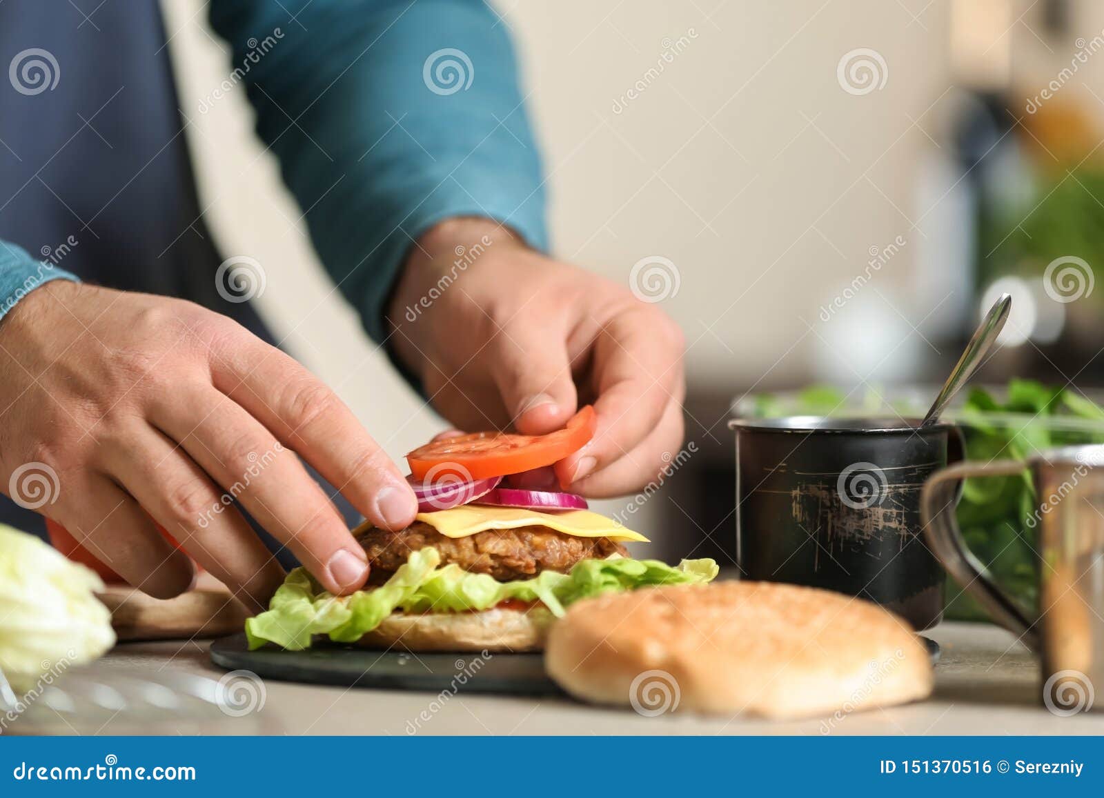 Male Chef Preparing Burger in Kitchen Stock Photo - Image of cooking ...