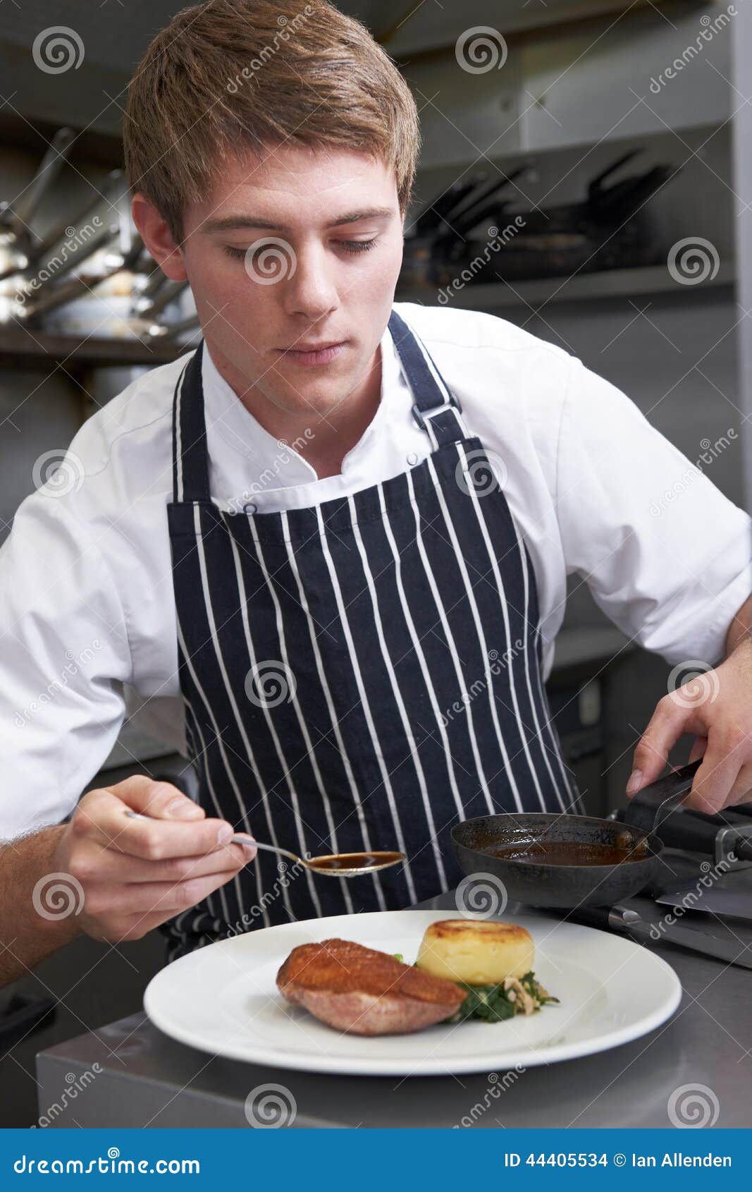 Male Chef Preparing Meal in Restaurant Kitchen Stock Photo - Image of ...