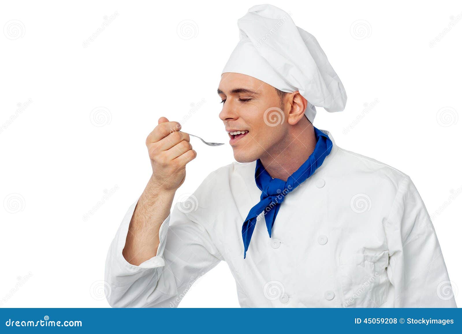 Male chef tasting the food stock photo. Image of spoon - 45059208