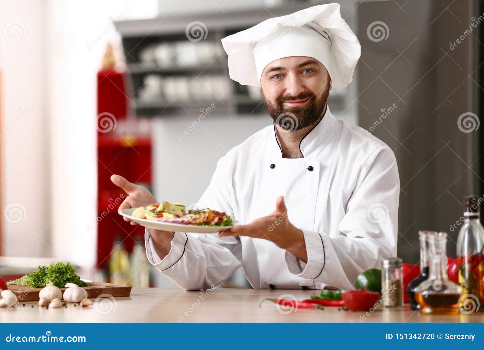 Male Chef with Tasty Dish in Kitchen Stock Photo - Image of meal ...