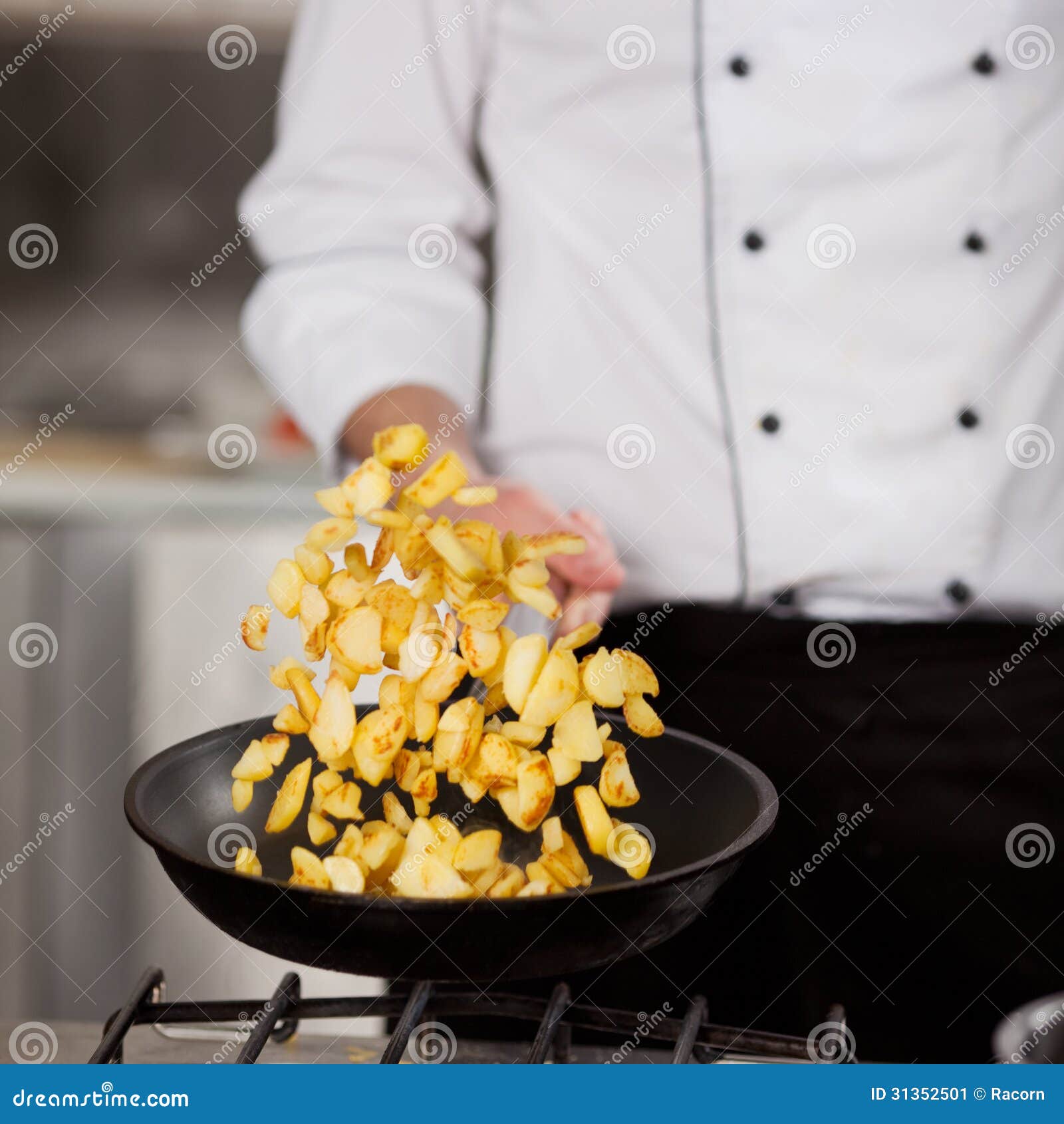 Male Chef Tossing Potatoes in Pan Stock Image - Image of fresh, person ...