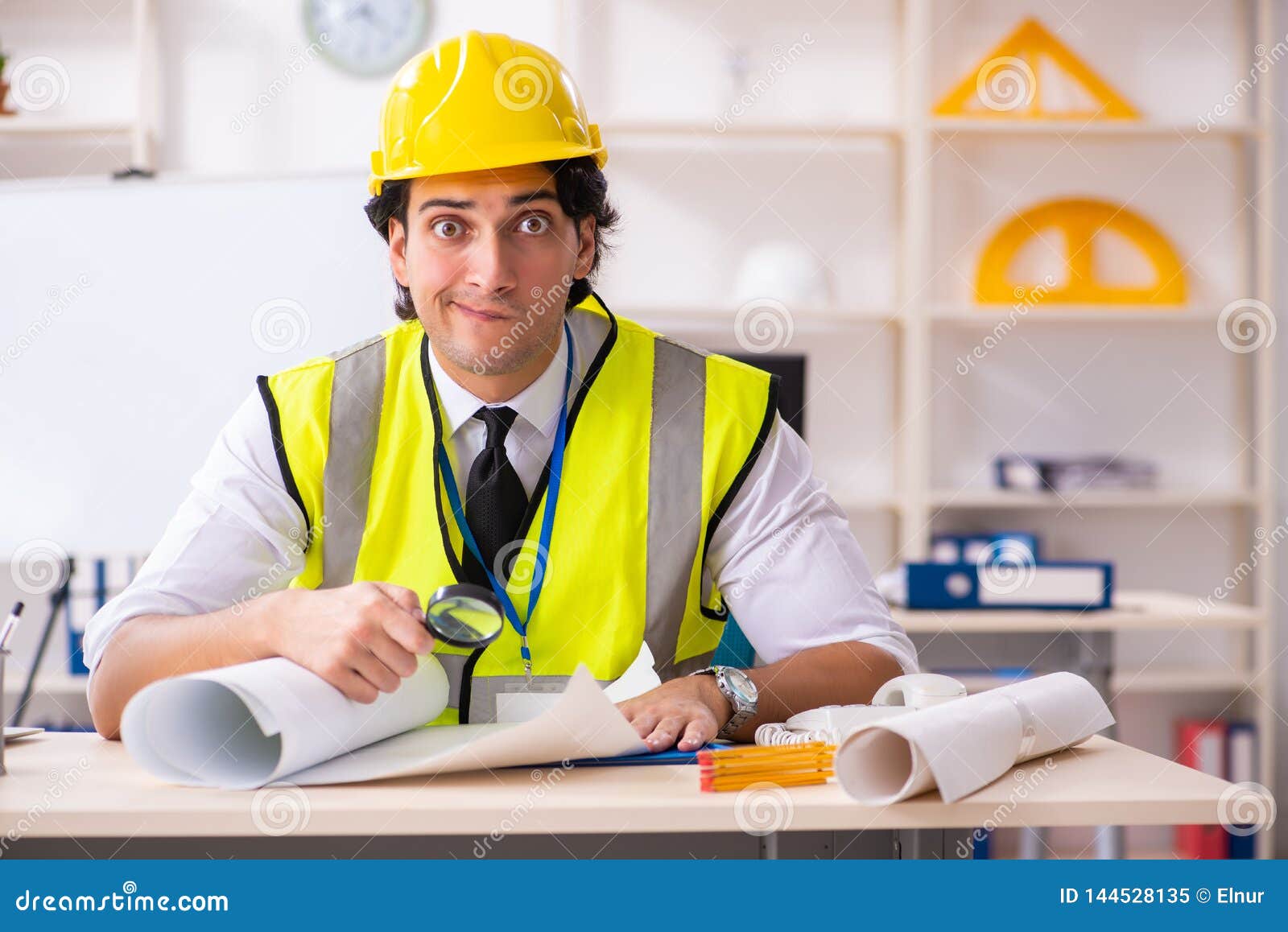The Male Construction Engineer Working in the Office Stock Image ...