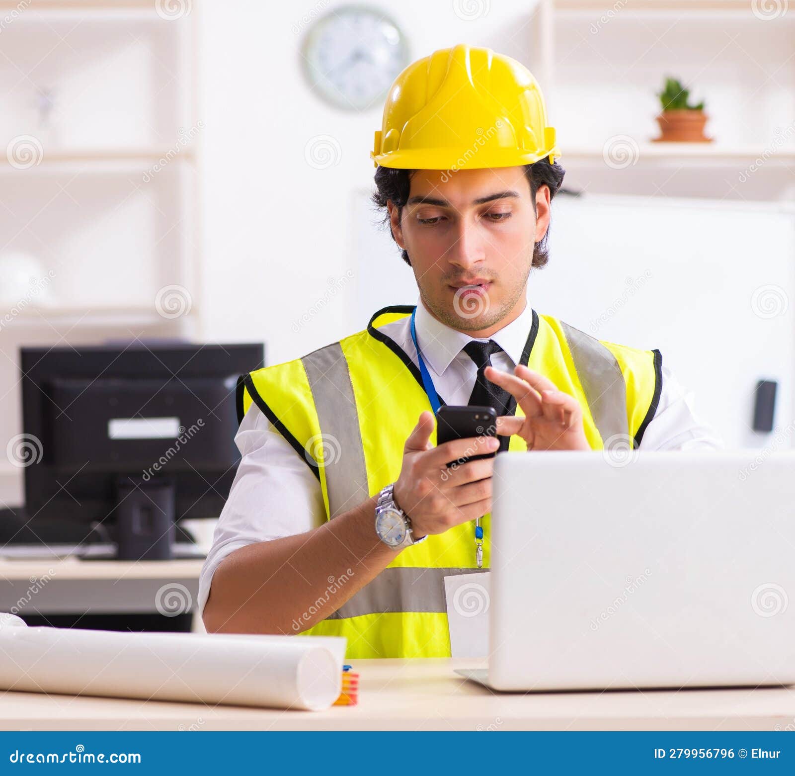 Male Construction Engineer Working in the Office Stock Photo - Image of ...