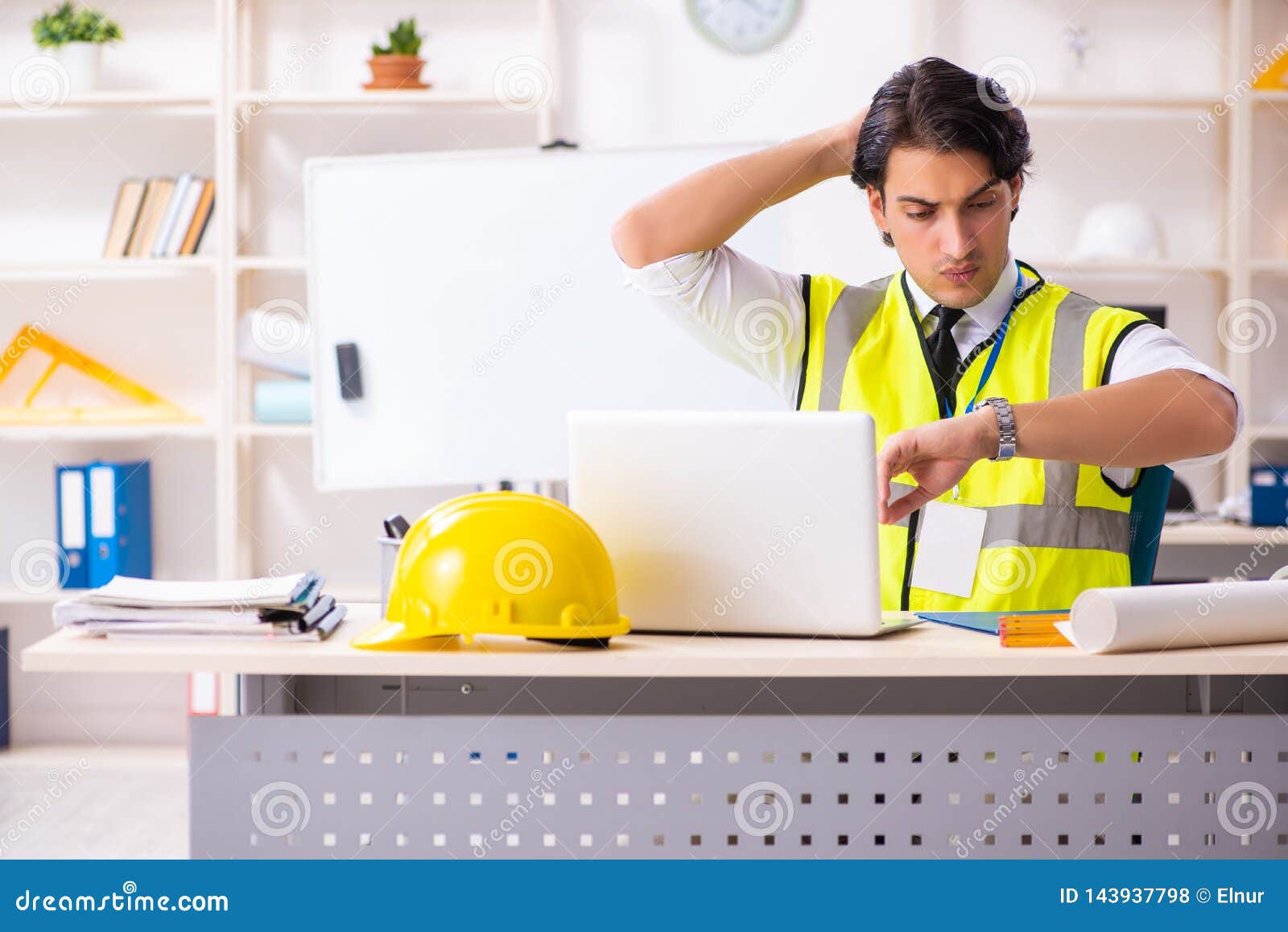 The Male Construction Engineer Working in the Office Stock Photo ...
