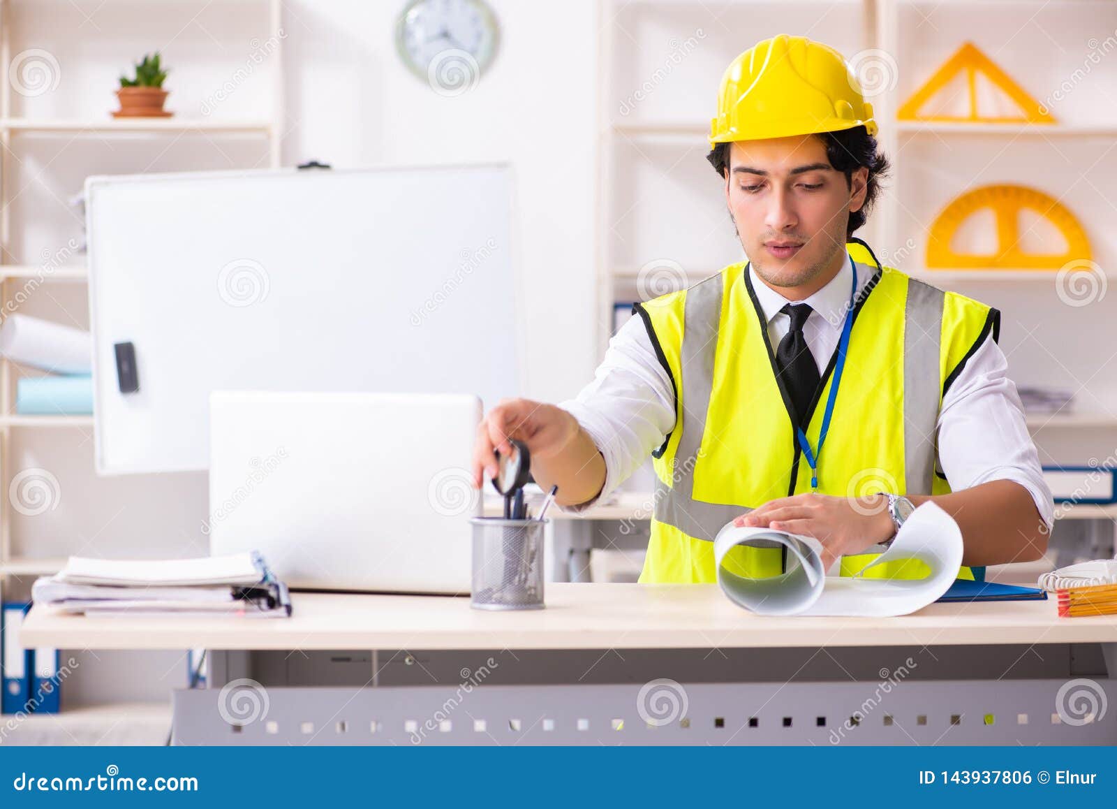 The Male Construction Engineer Working in the Office Stock Photo ...