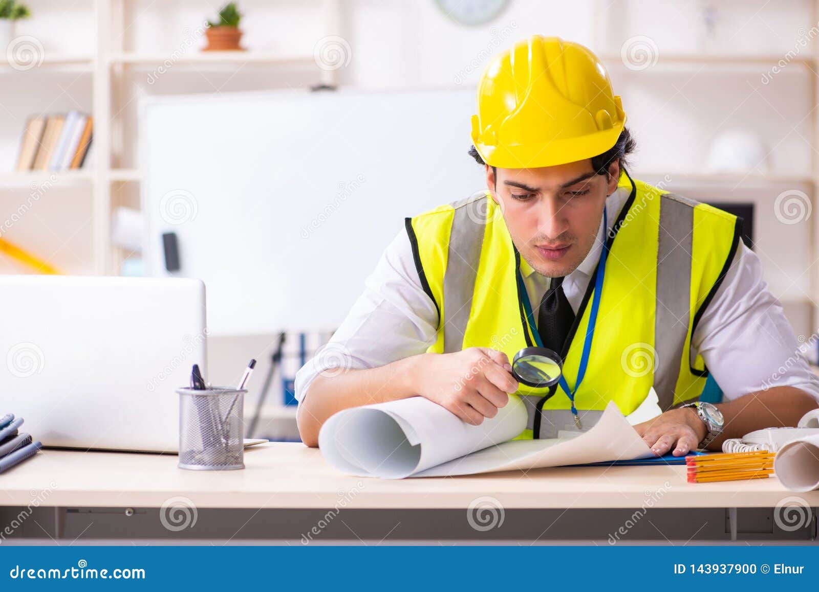 The Male Construction Engineer Working in the Office Stock Photo ...