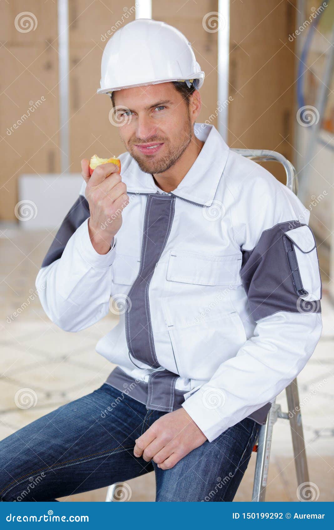 Male Construction Worker Eating Apple Stock Photo - Image of fruit ...