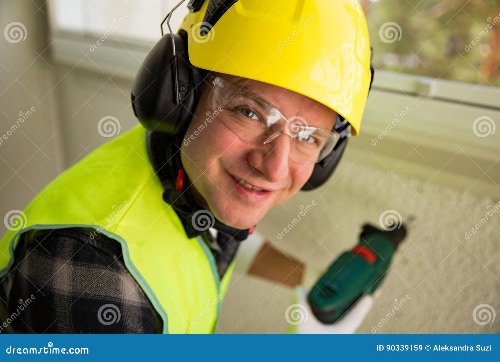 Male Construction Worker in Hard Hat Drilling Concrete Wall Stock Image ...