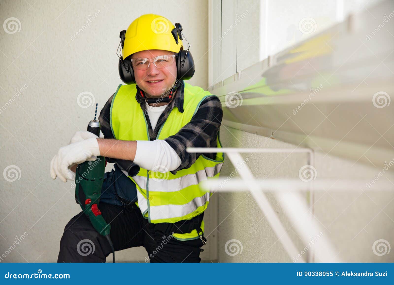 Male Construction Worker in Hard Hat Drilling Concrete Wall Stock Image ...