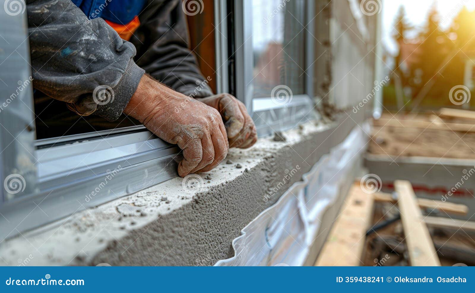 Male Construction Worker Installing a Window Frame in a Building. Stock ...