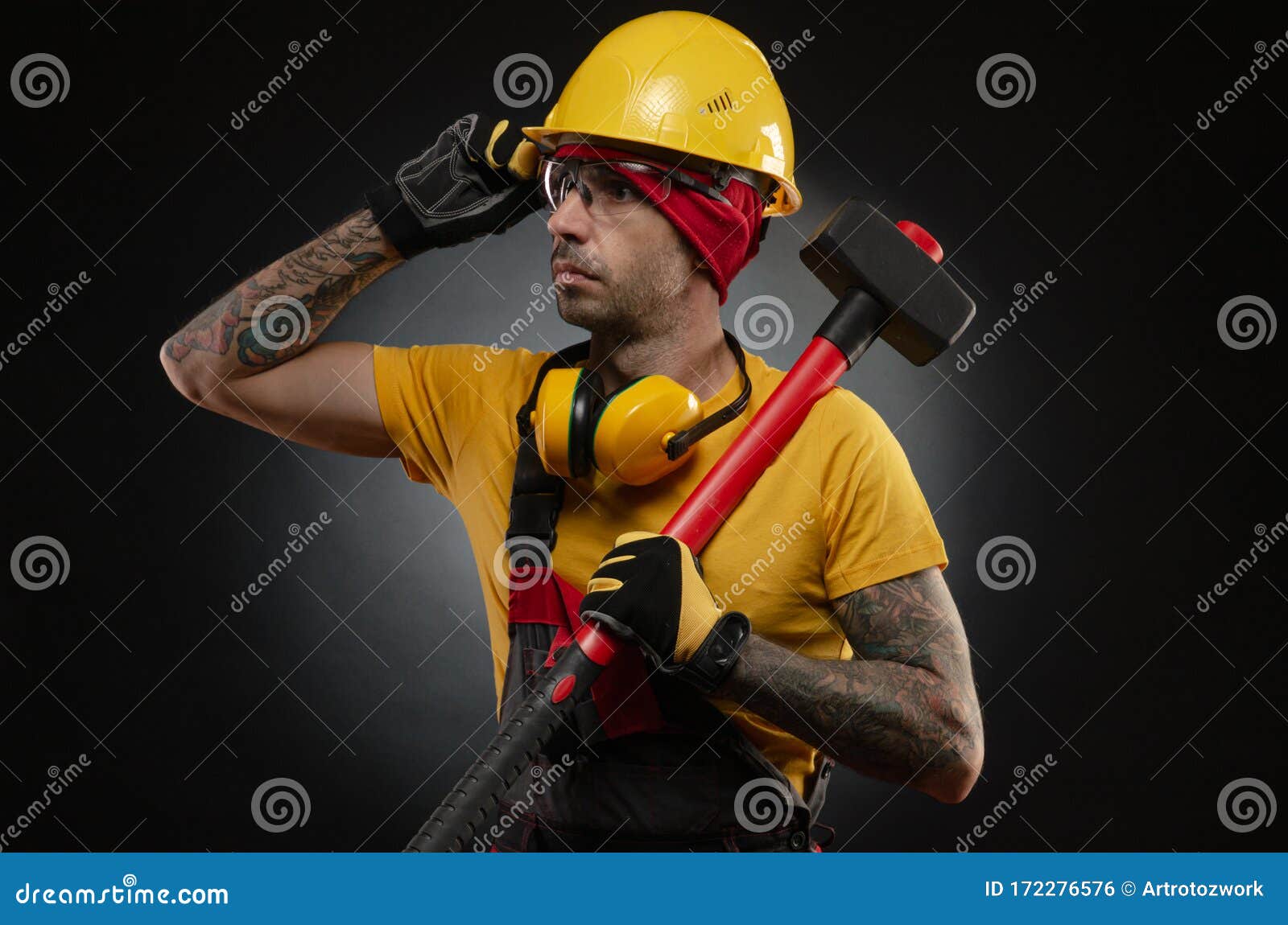 The Male Construction Worker with a Sledgehammer Stock Photo - Image of ...